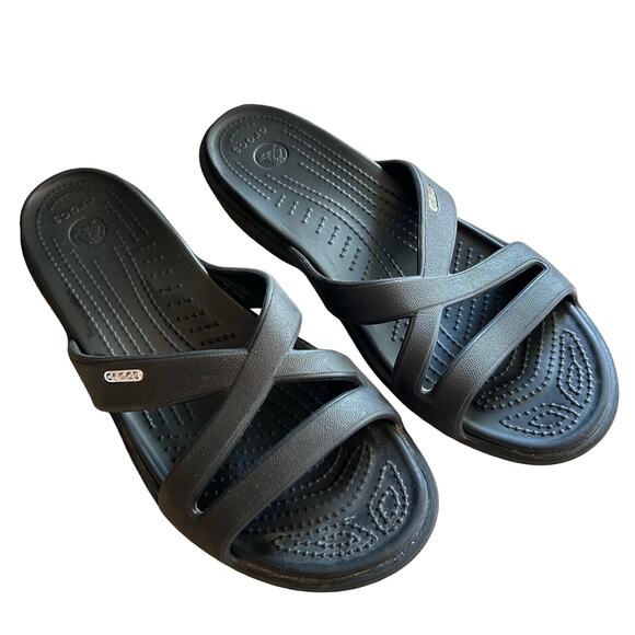 CROCS | Shoes | Crocs Women 1 Black Cross Strap Slip On Sandals 2 Heel ...